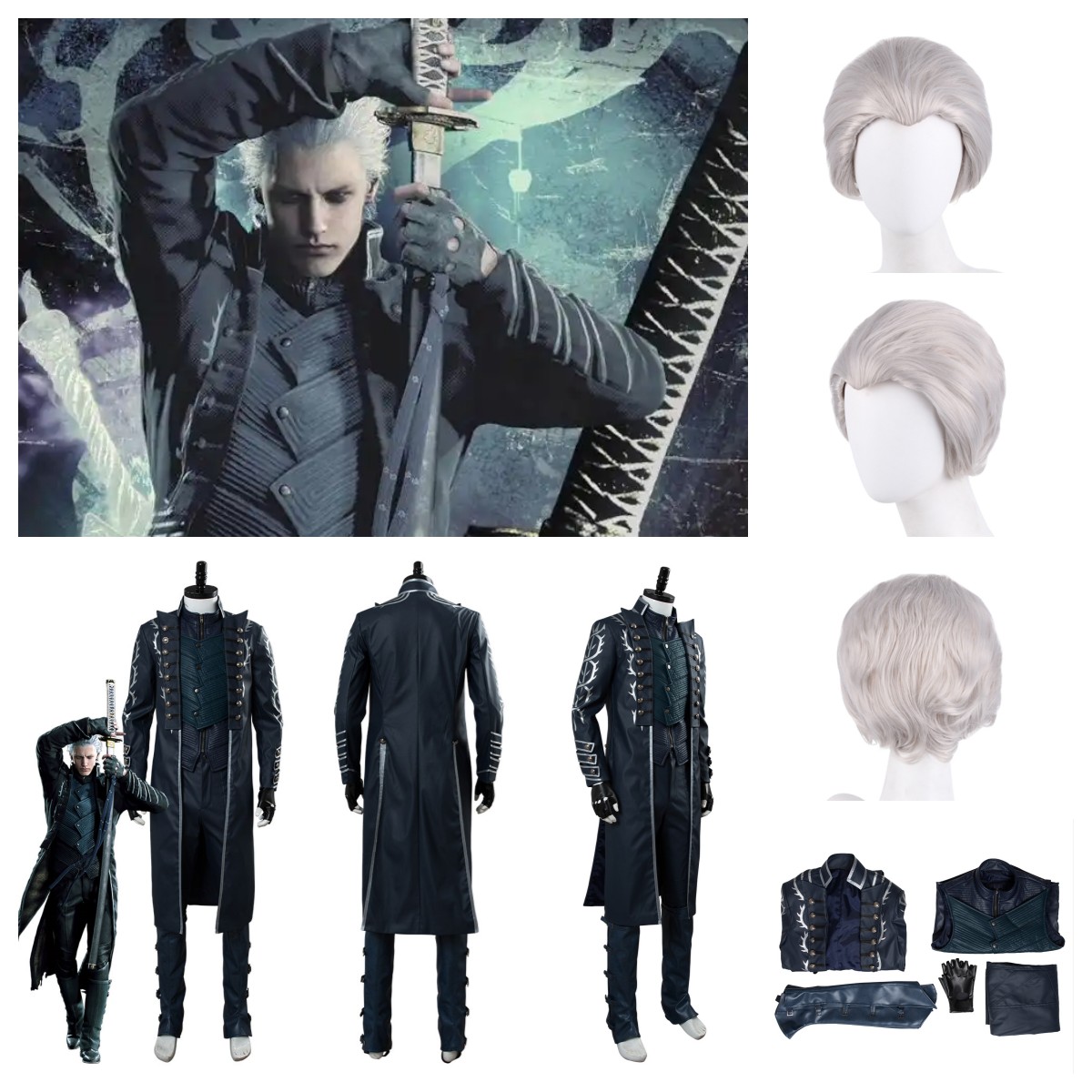 DEVIL MAY CRY Vergil Cosplay Costume Halloween Fancy Dress Silver Wig ...